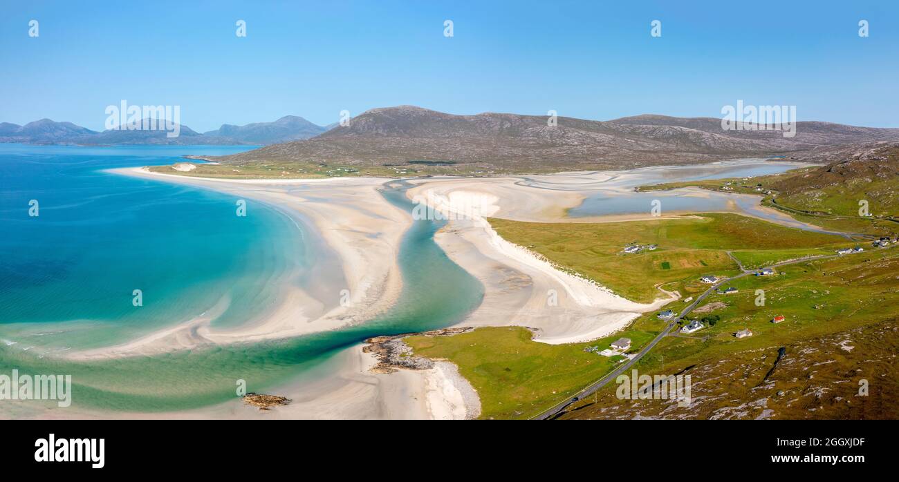 Aerial view from drone of Luskentyre Beach and Sound of Taransay, from ...
