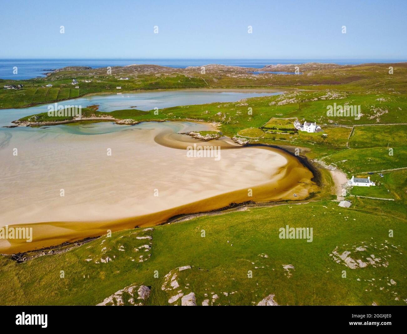 Aerial view from drone of Uig sands beach on west coast of Isle of ...
