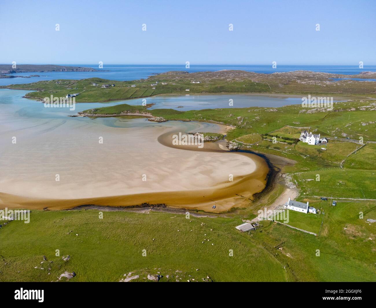 Aerial view from drone of Uig sands beach on west coast of Isle of ...