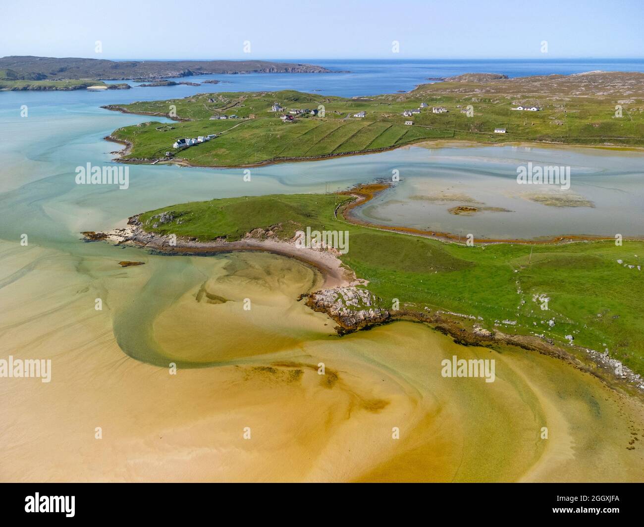 Aerial view from drone of Uig sands beach on west coast of Isle of ...