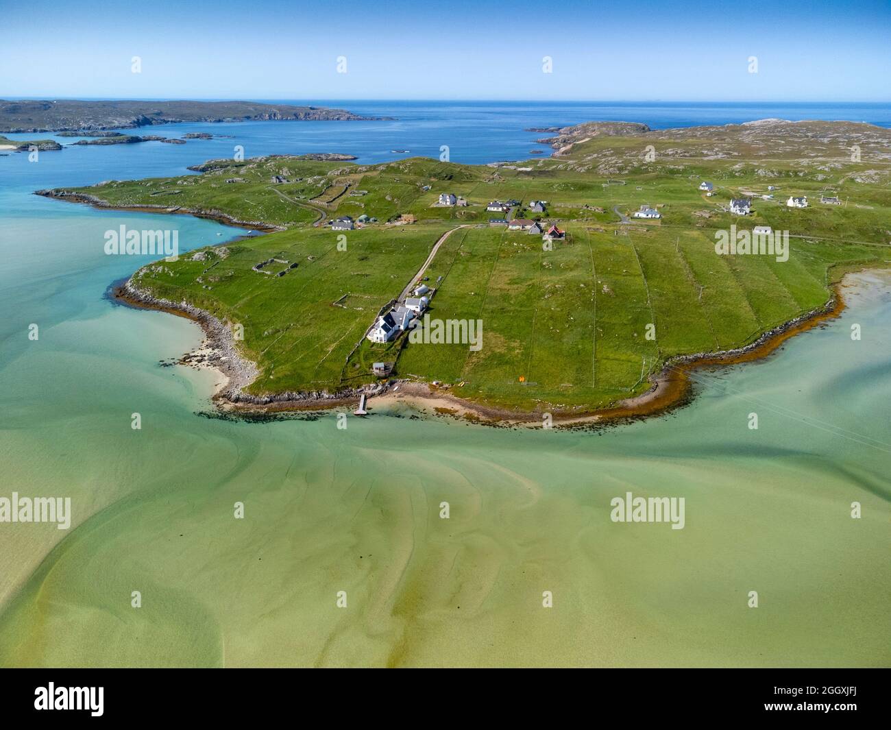 Aerial view from drone of Uig and Crowlista settlement on west coast of ...