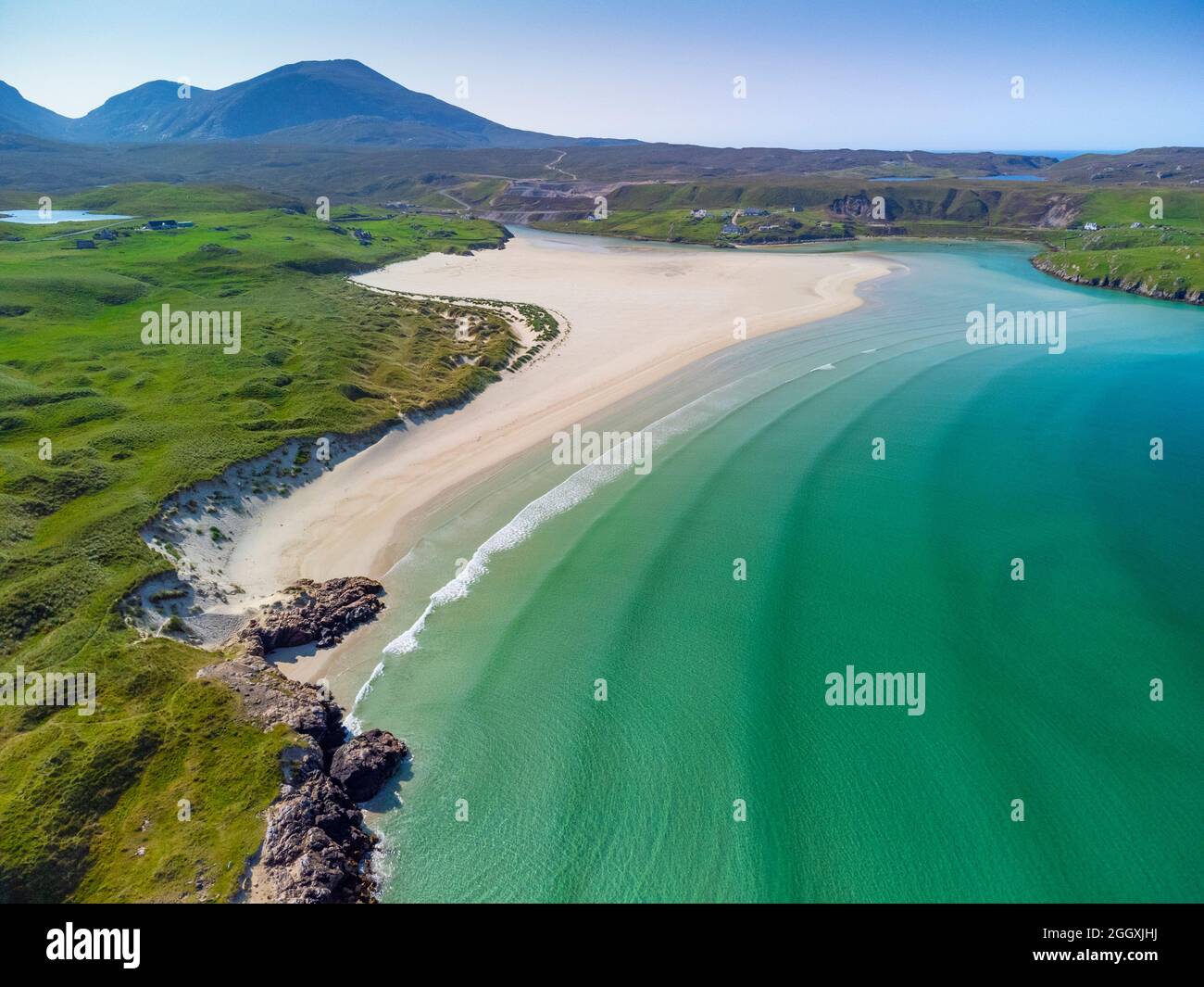 Aerial view from drone of Uig sands beach on west coast of Isle of ...