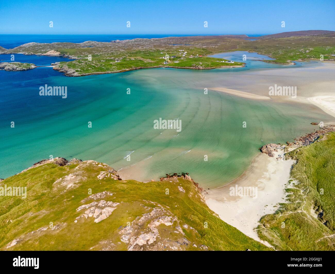 Aerial view from drone of Uig sands beach on west coast of Isle of ...