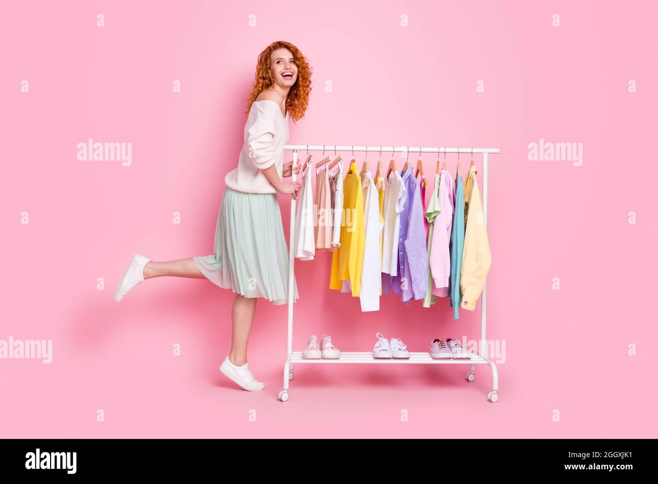 Full body profile side photo of young girl clothes fashion collection ...