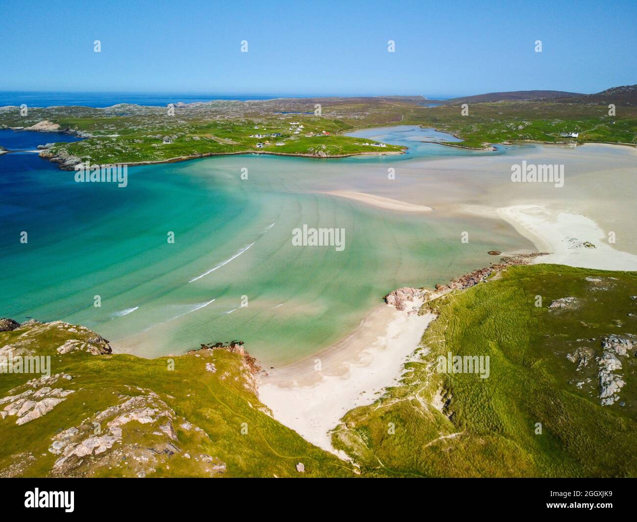 Aerial view from drone of Uig sands beach on west coast of Isle of ...