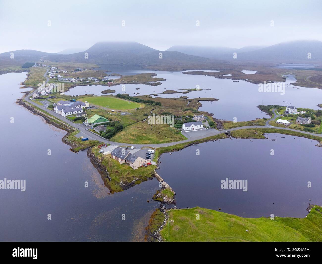 Aerial view from drone of village of Leverburgh on Isle of Harris ...