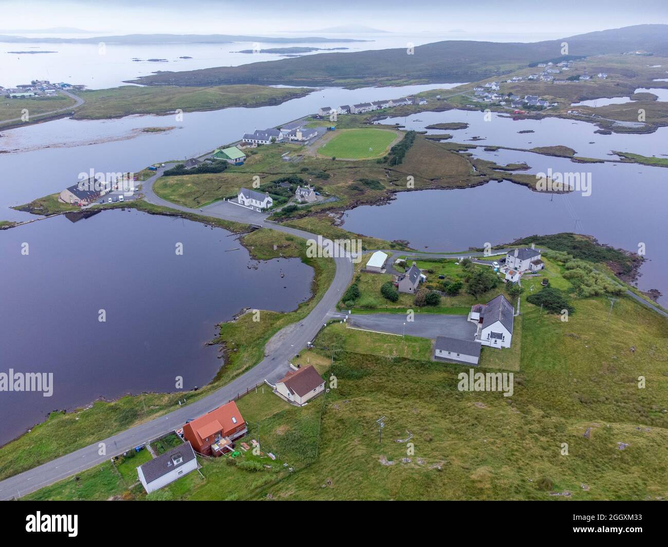 Aerial view from drone of village of Leverburgh on Isle of Harris ...