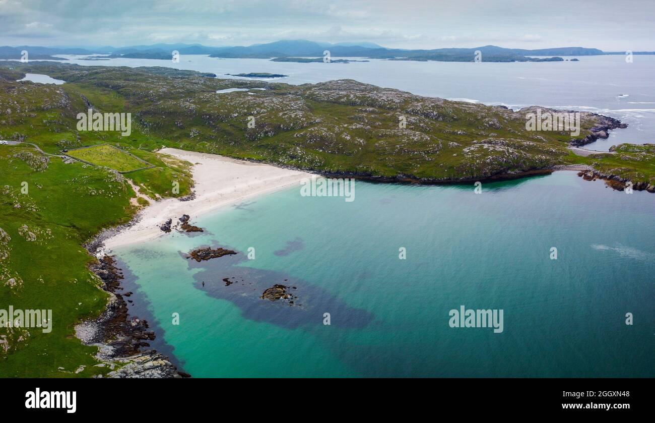 Aerial view from drone of Bosta beach on Great Bernera, Isle of Lewis ...