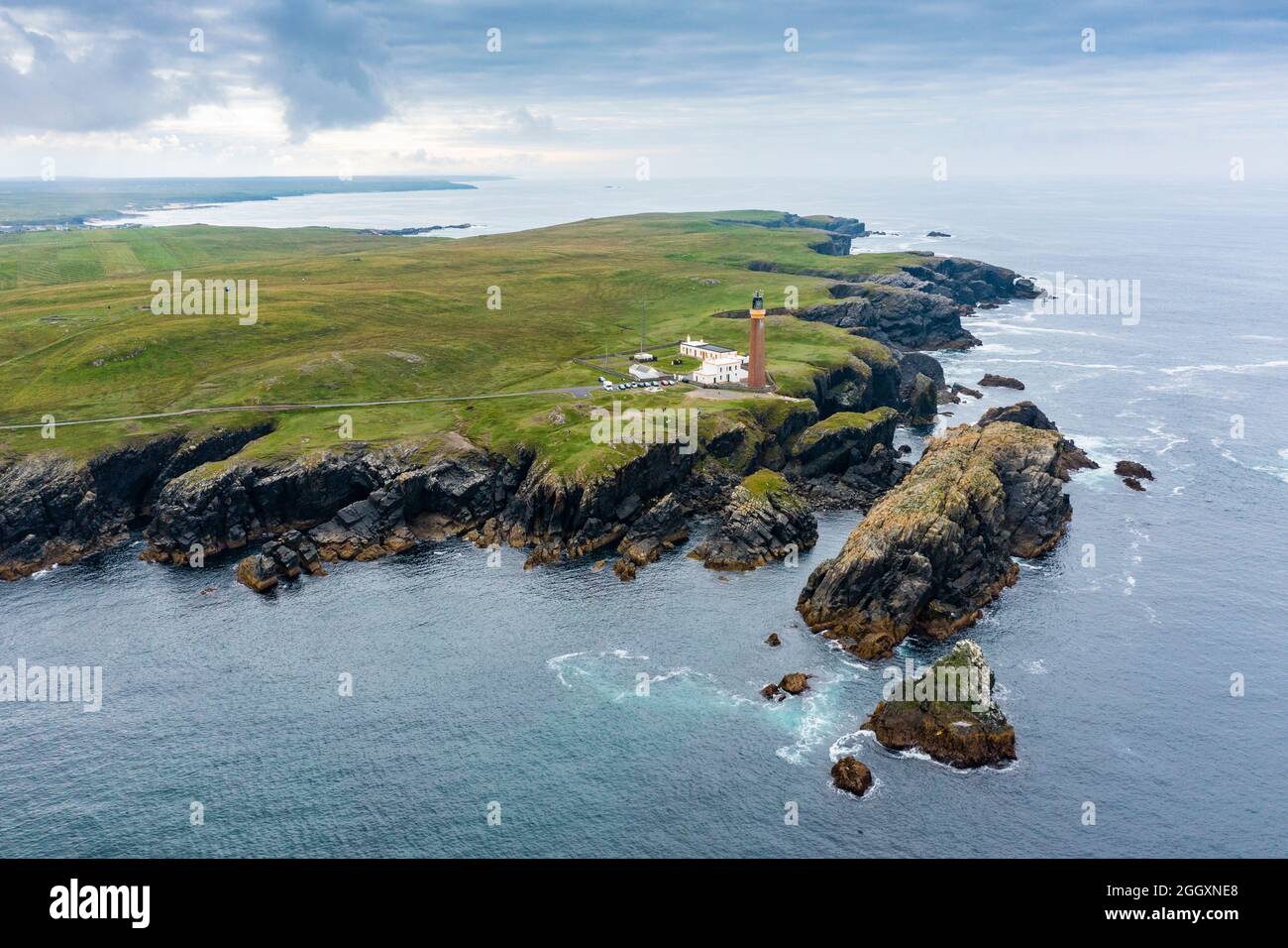 Aerial view from drone of red brick Butt of Lewis lighthouse designed ...