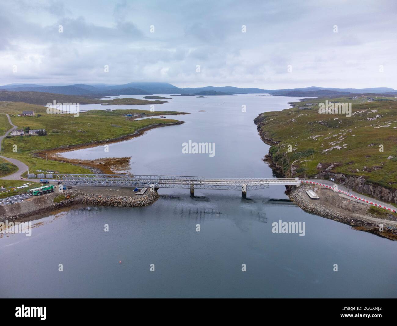 Aerial view of new bridge under construction linking islands of Great ...