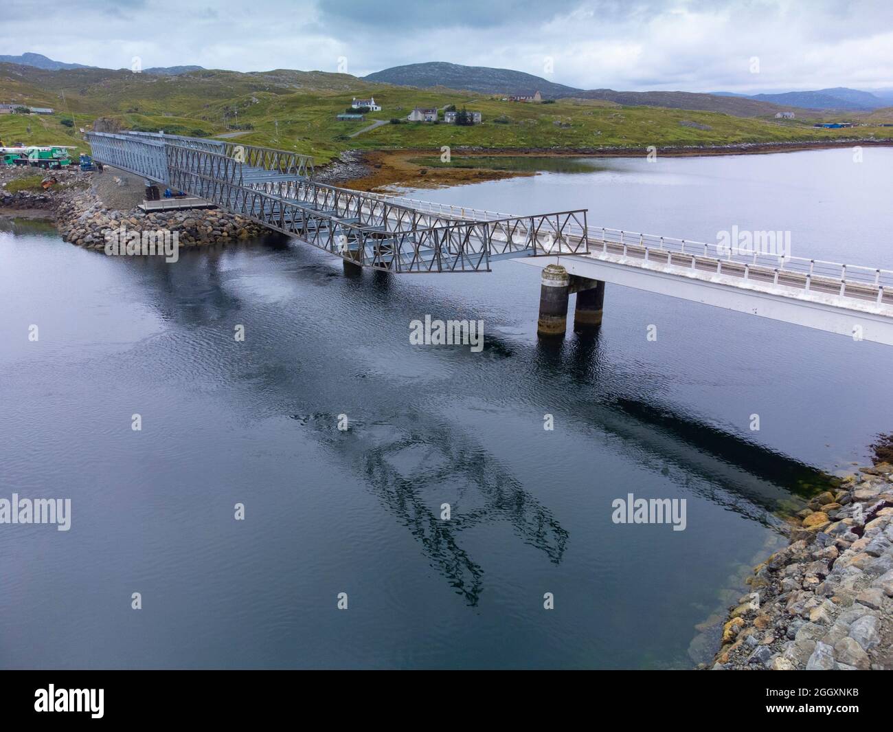Aerial view of new bridge under construction linking islands of Great ...