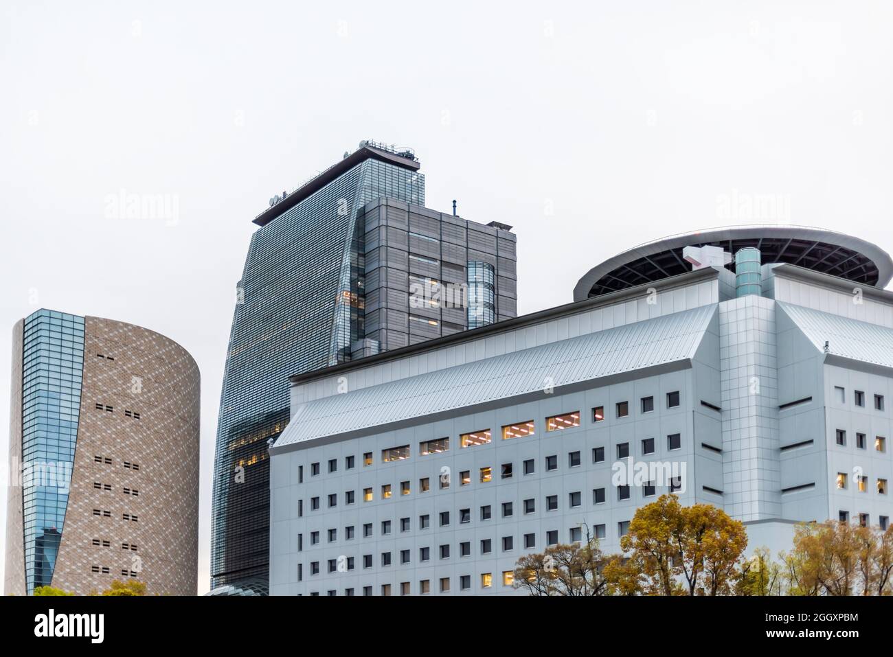 Osaka, Japan modern buildings cityscape closeup looking up on roof and ...