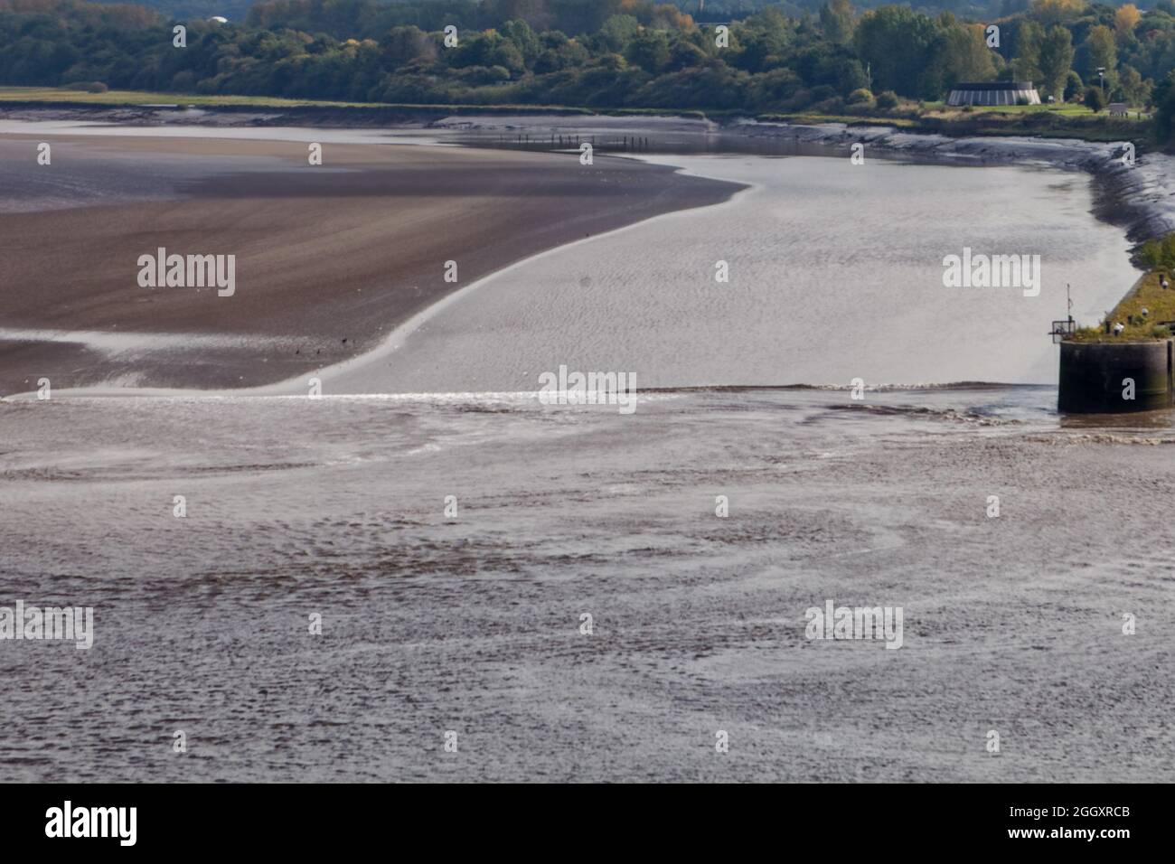 A view of the Mersey Tidal Bore from above as it passes one of the ...