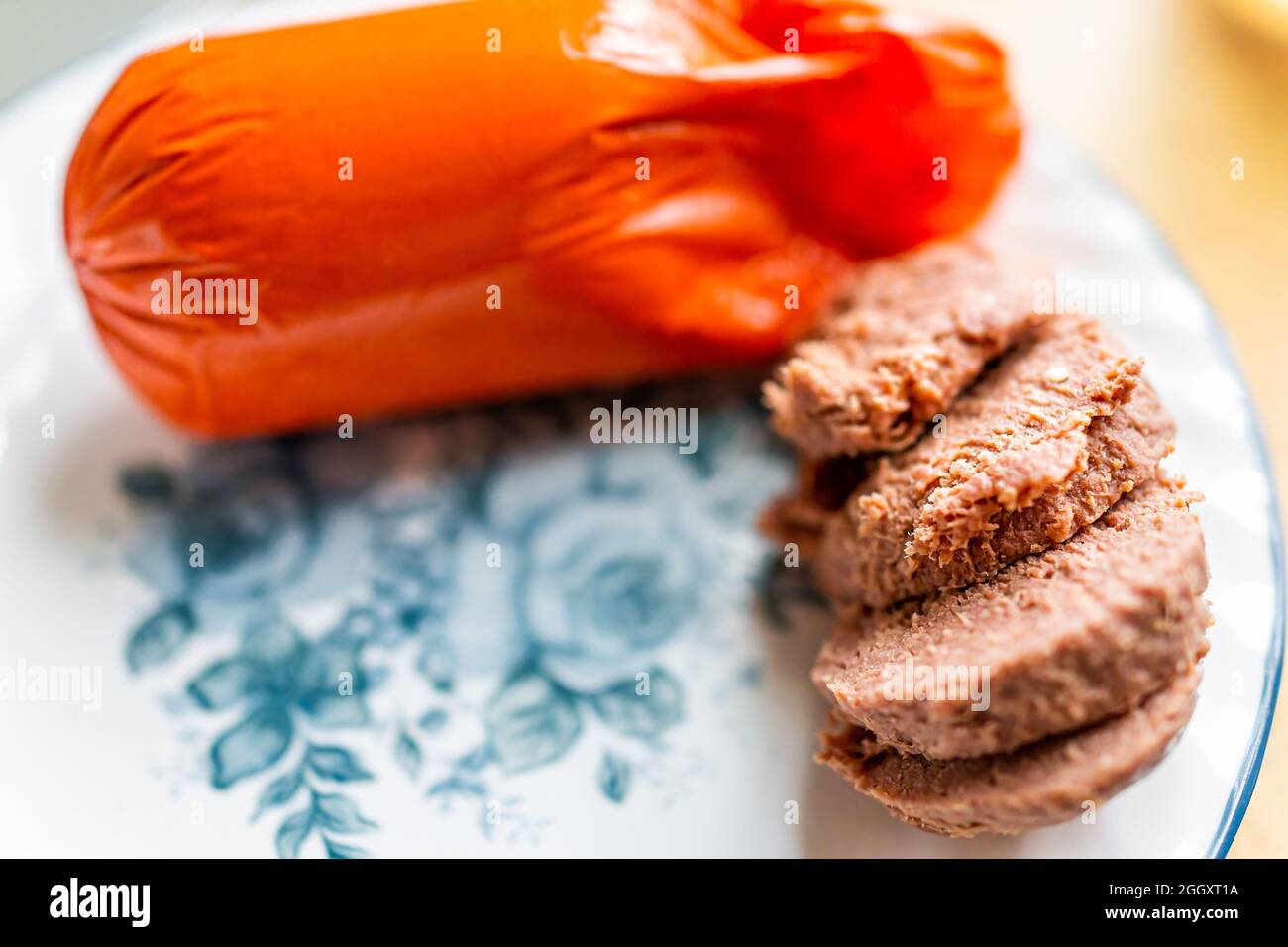 Packaged storebought cooked sliced Liver sausage in plastic packaging ...