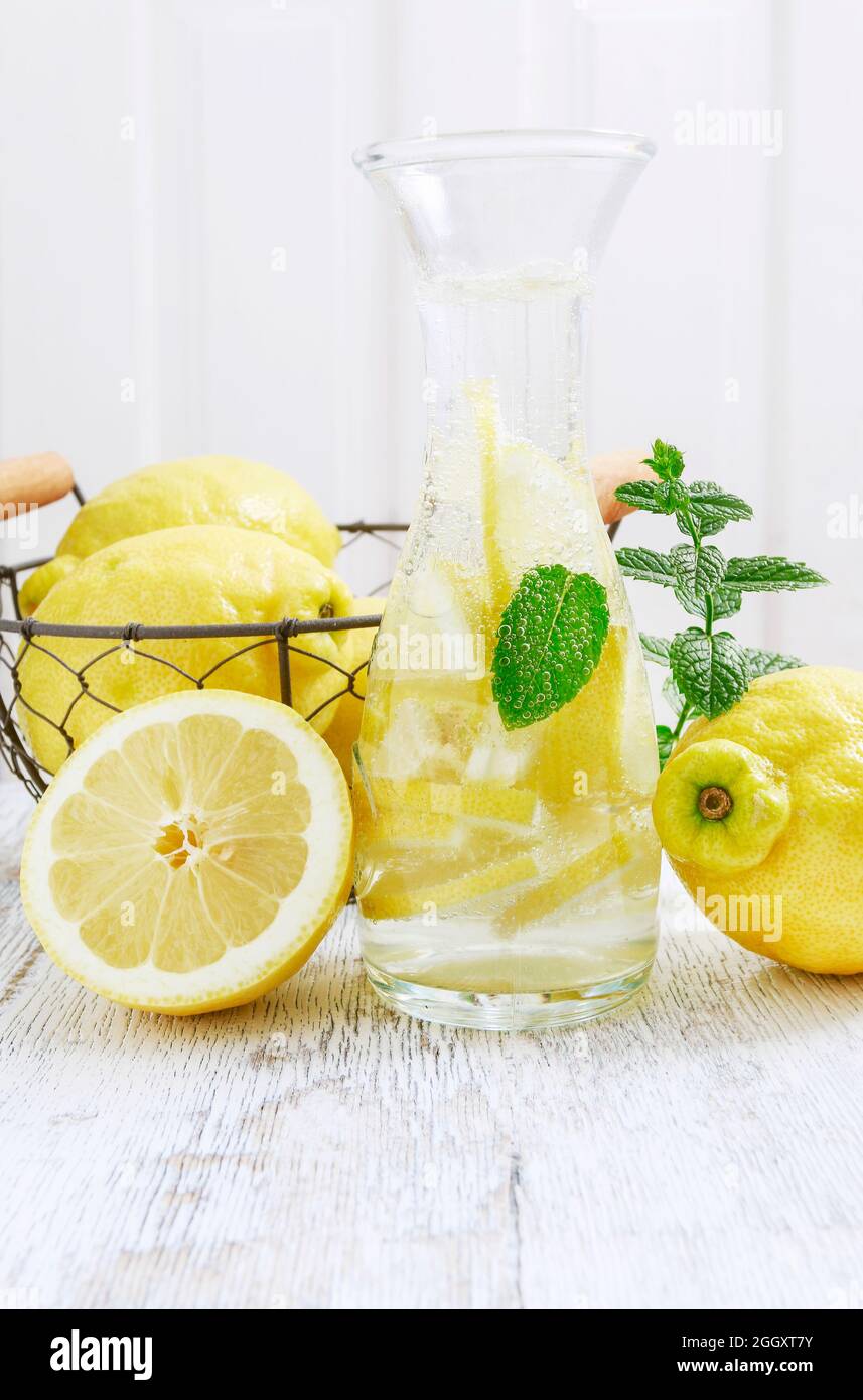 Lemonade in glass bottle and ripe fruits. Healthy food Stock Photo - Alamy
