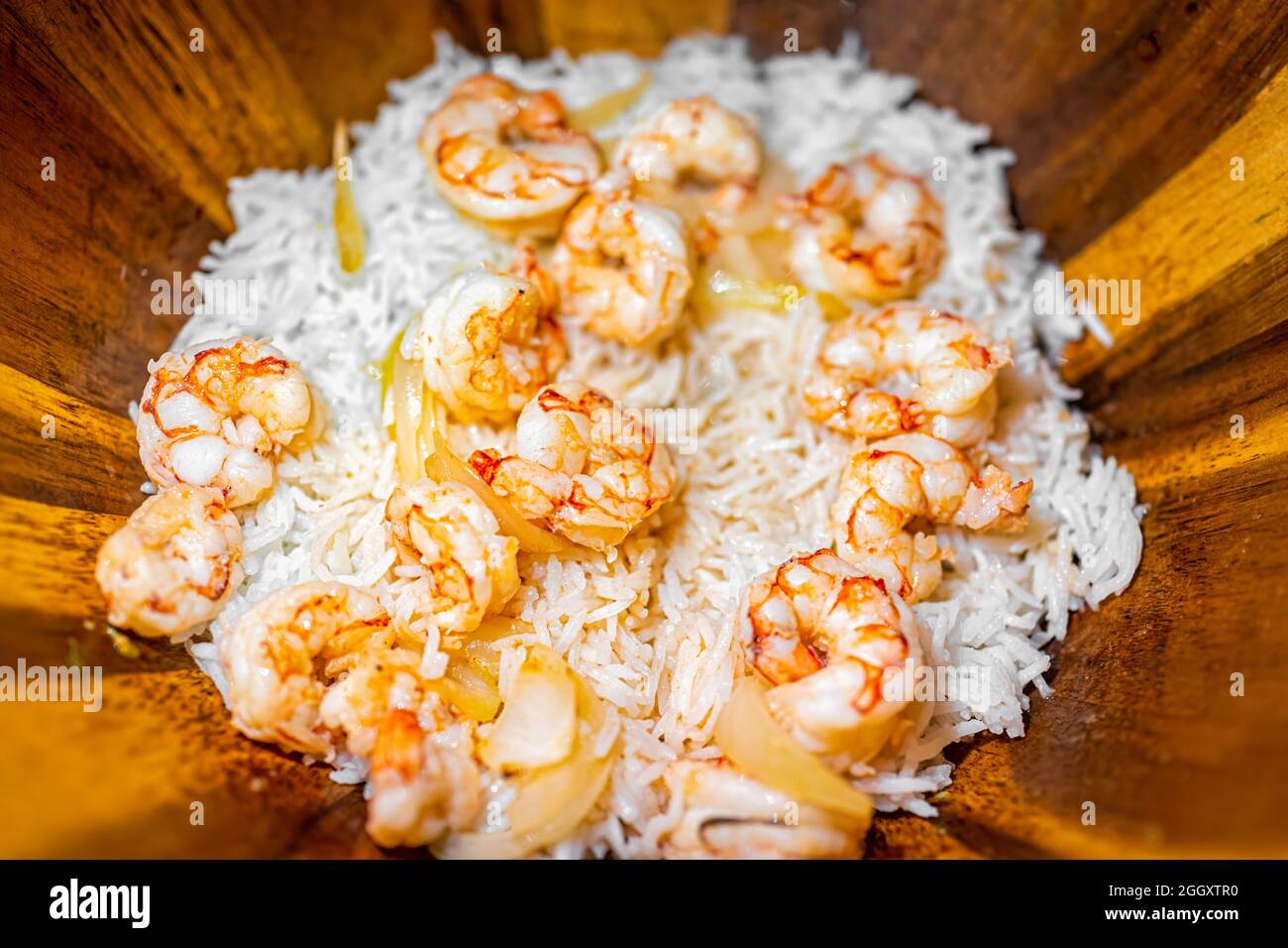 Macro closeup of homemade basmati rice and cooked whole large king ...