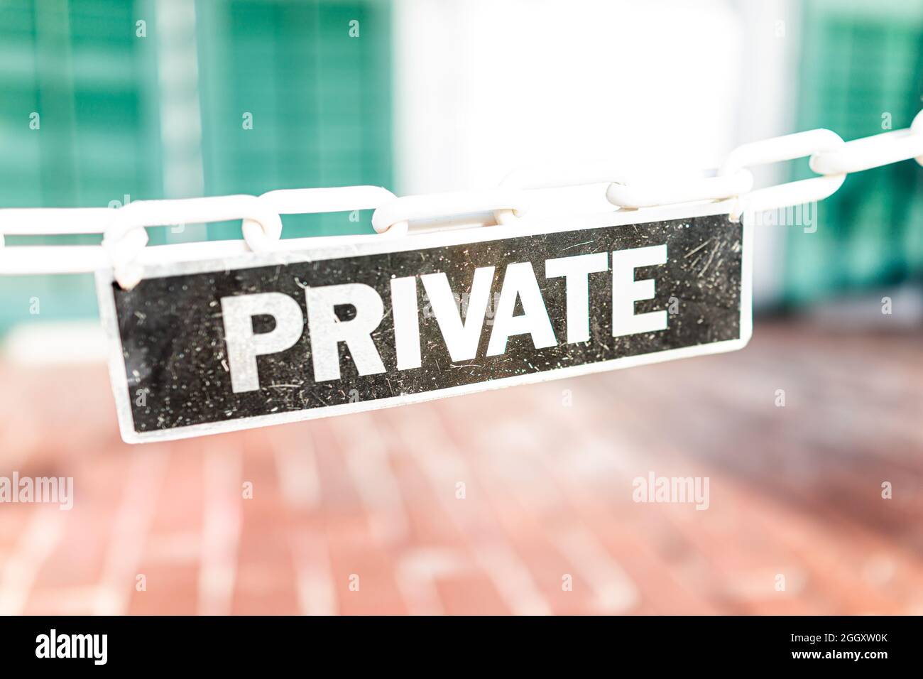 Macro closeup of private property real estate black and white sign ...