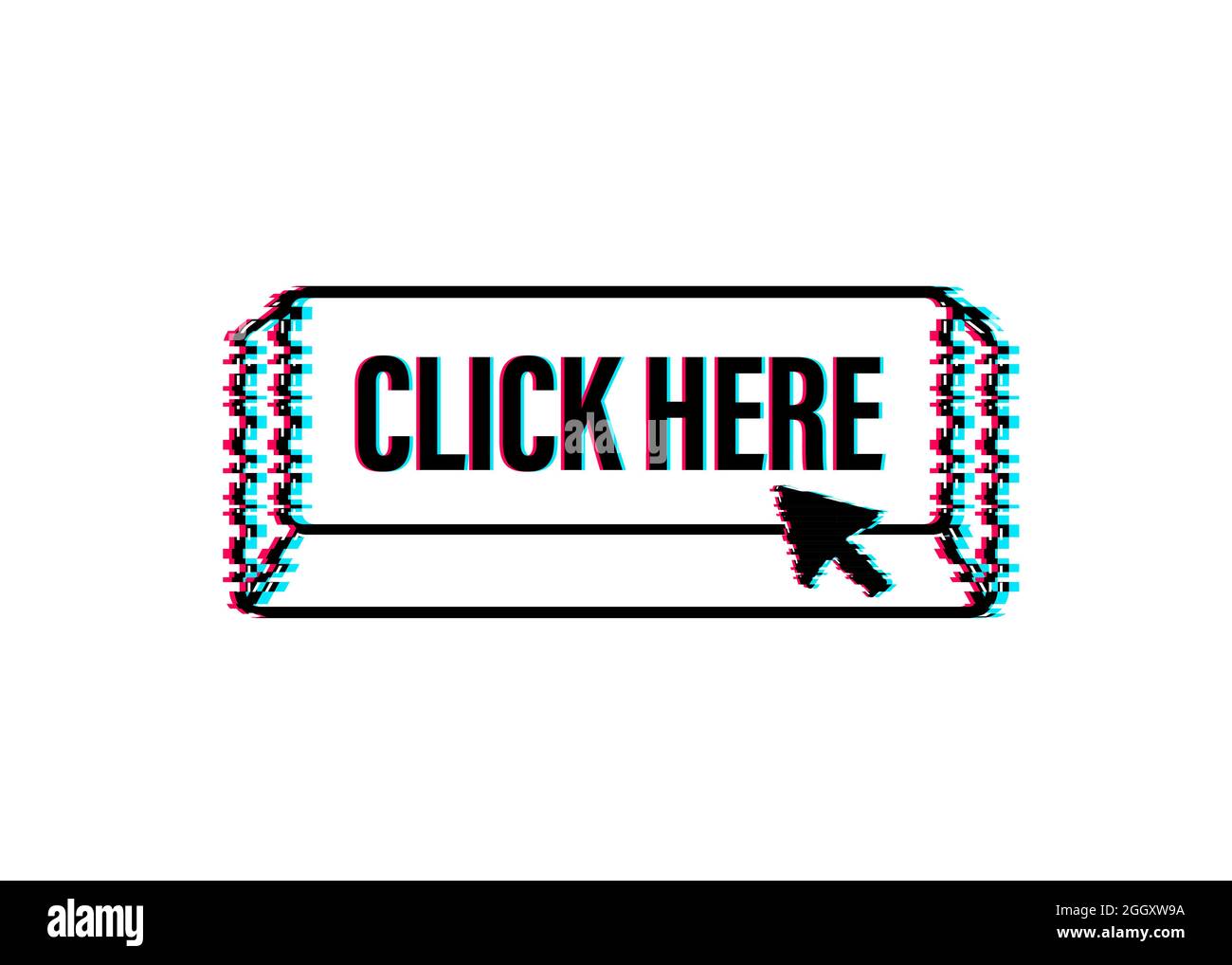 Click here button with hand pointer clicking. Glitch icon. Vector stock illustration Stock ...