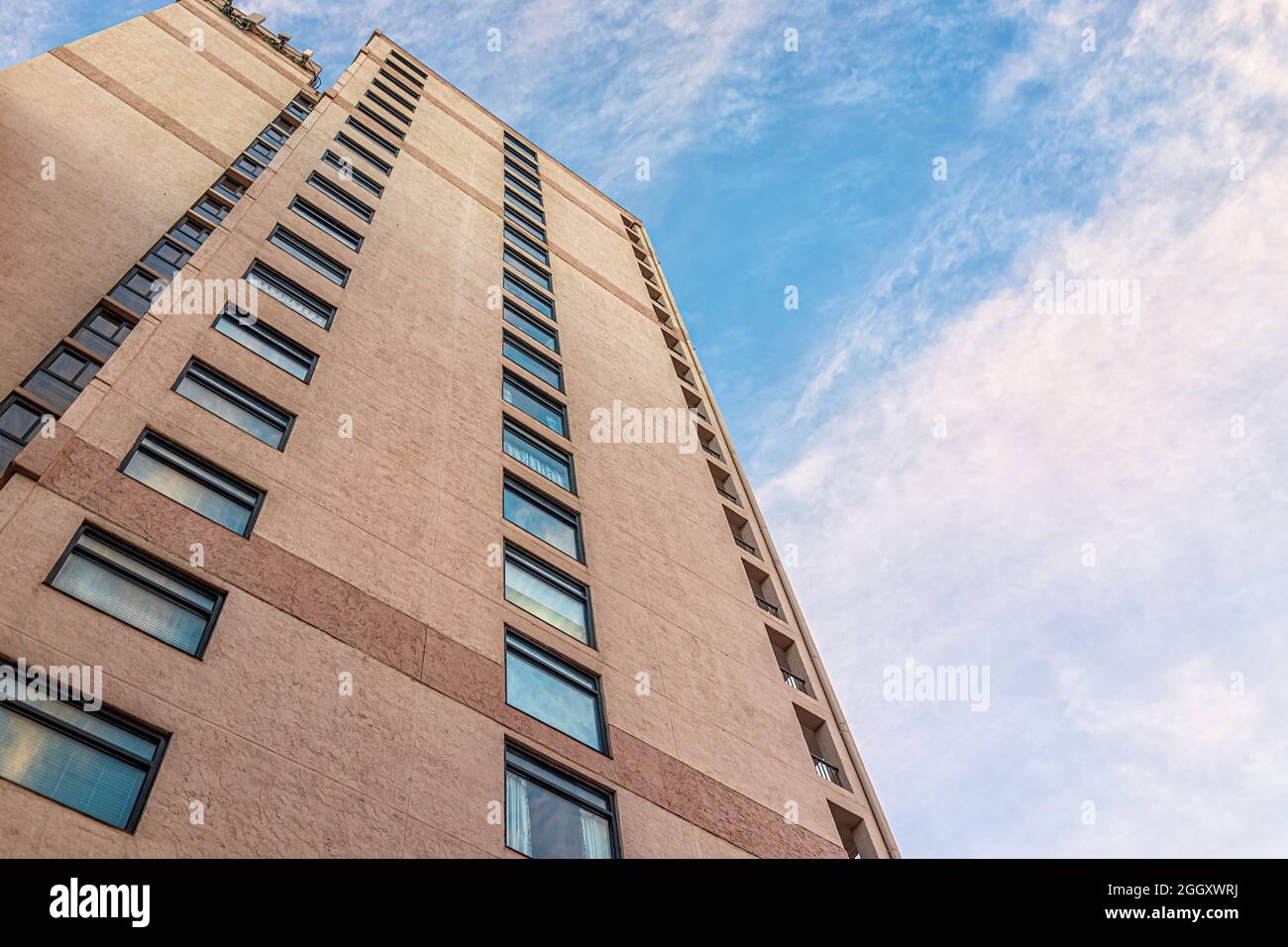 Looking up low angle view on resort hotel condo condominium apartment ...