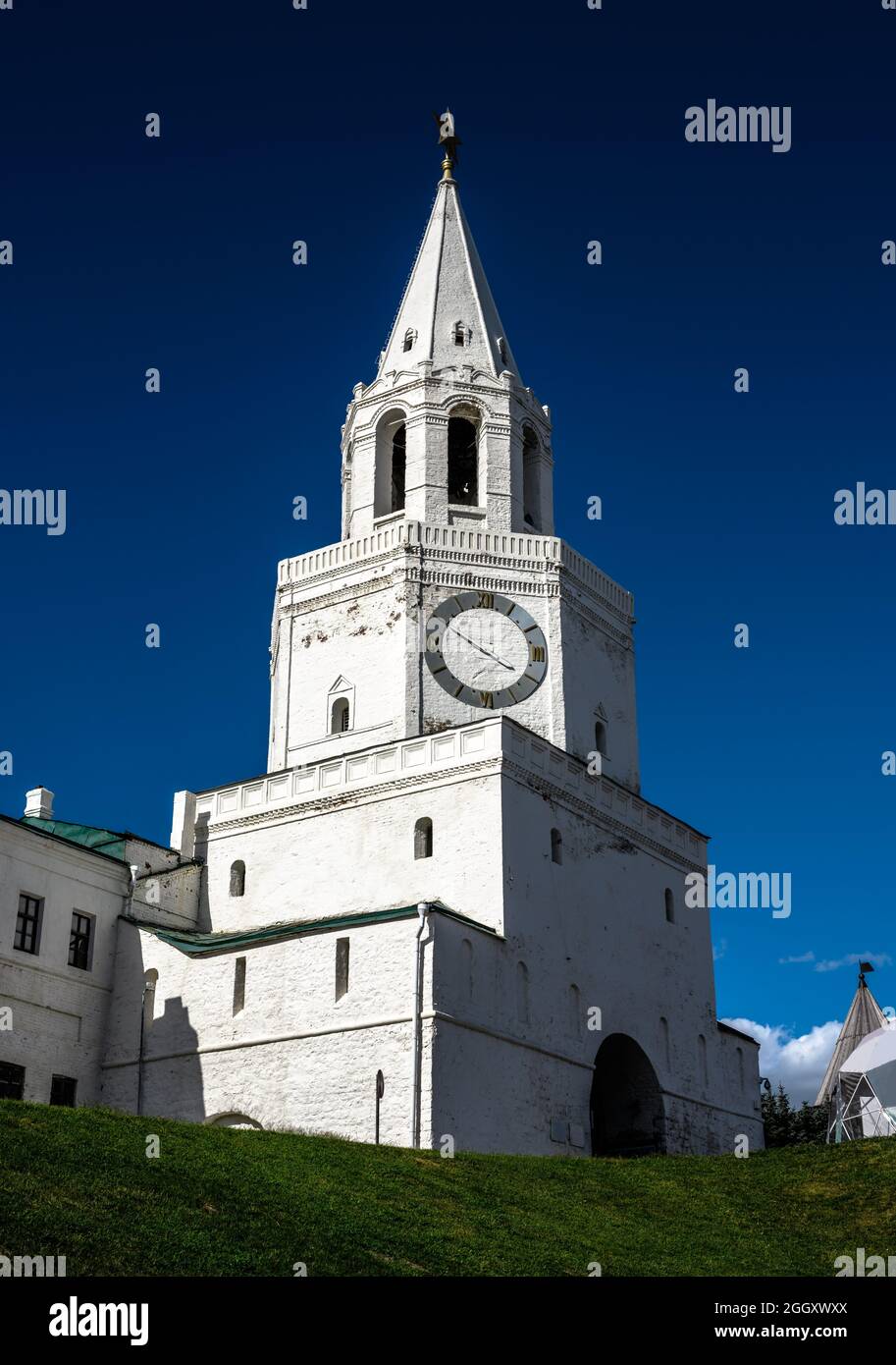 Kazan Kremlin in Tatarstan, Russia. It is landmark of old Kazan. Vertical view of Spasskaya ...