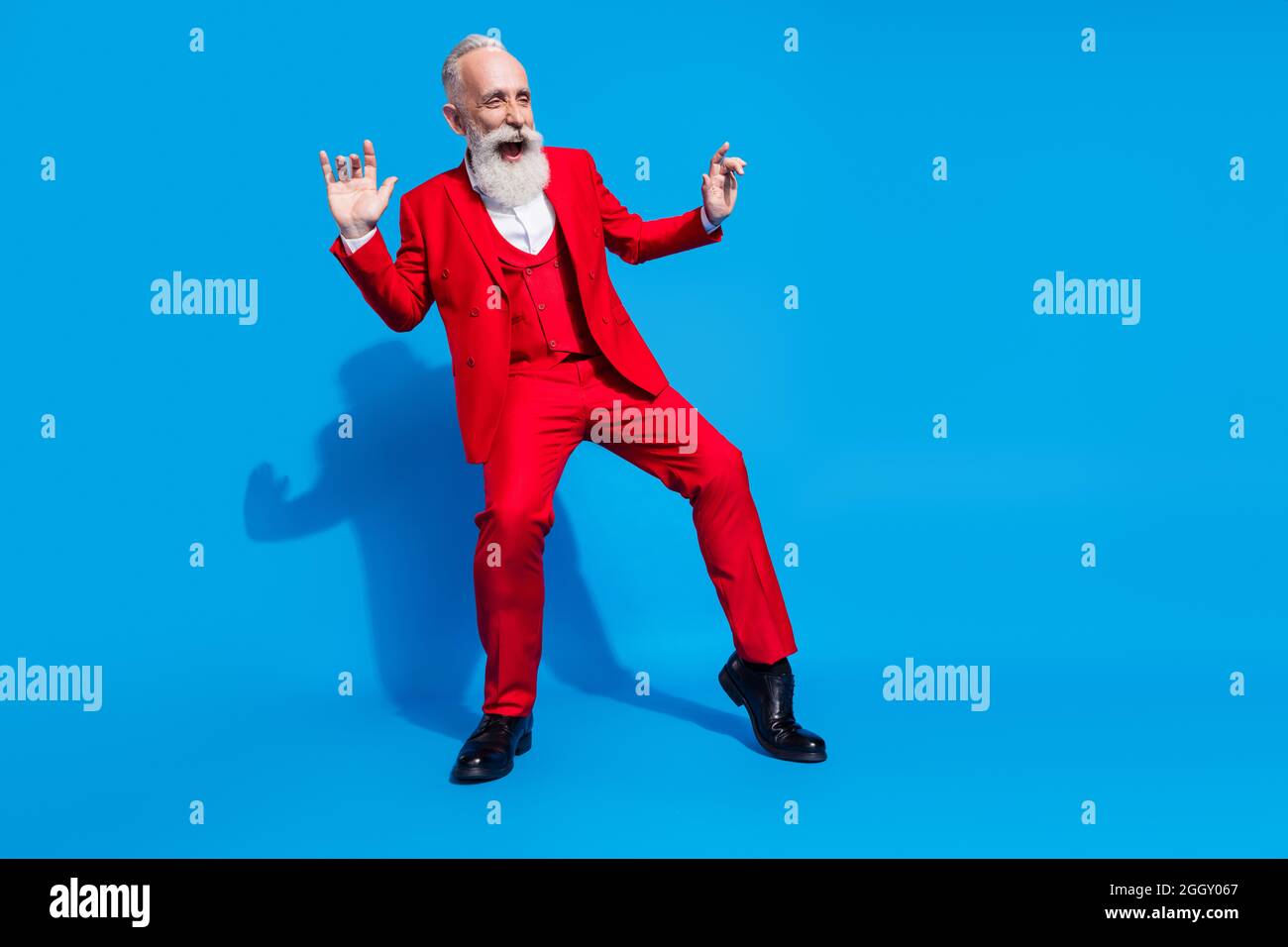 Full size photo of cheerful aged man dandy happy positive smile dance ...
