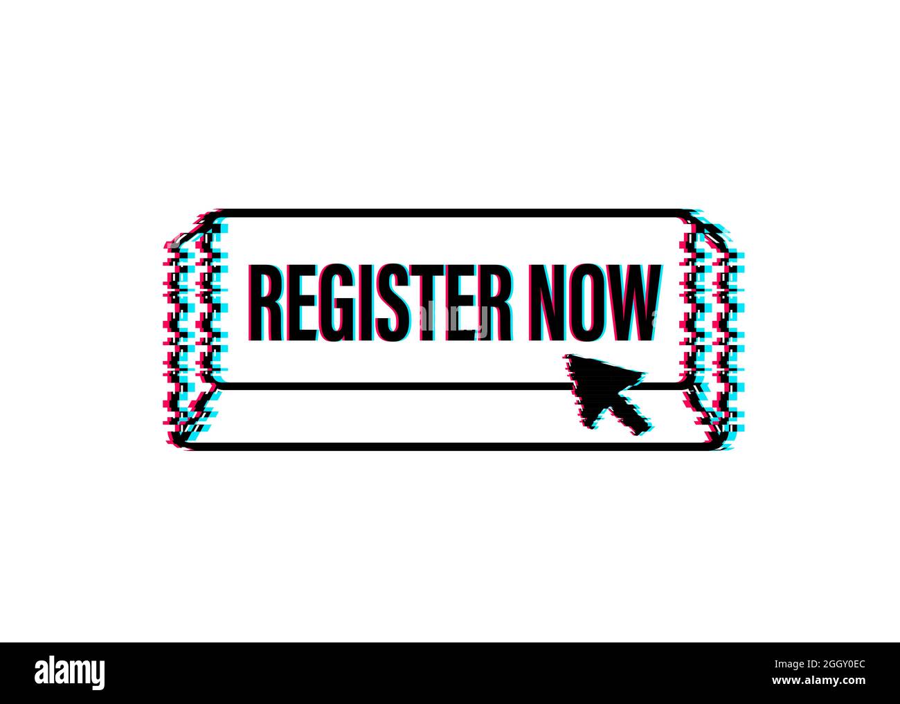 Register now with cursor button. Internet glitch icon. Pointer click icon. Vector stock ...