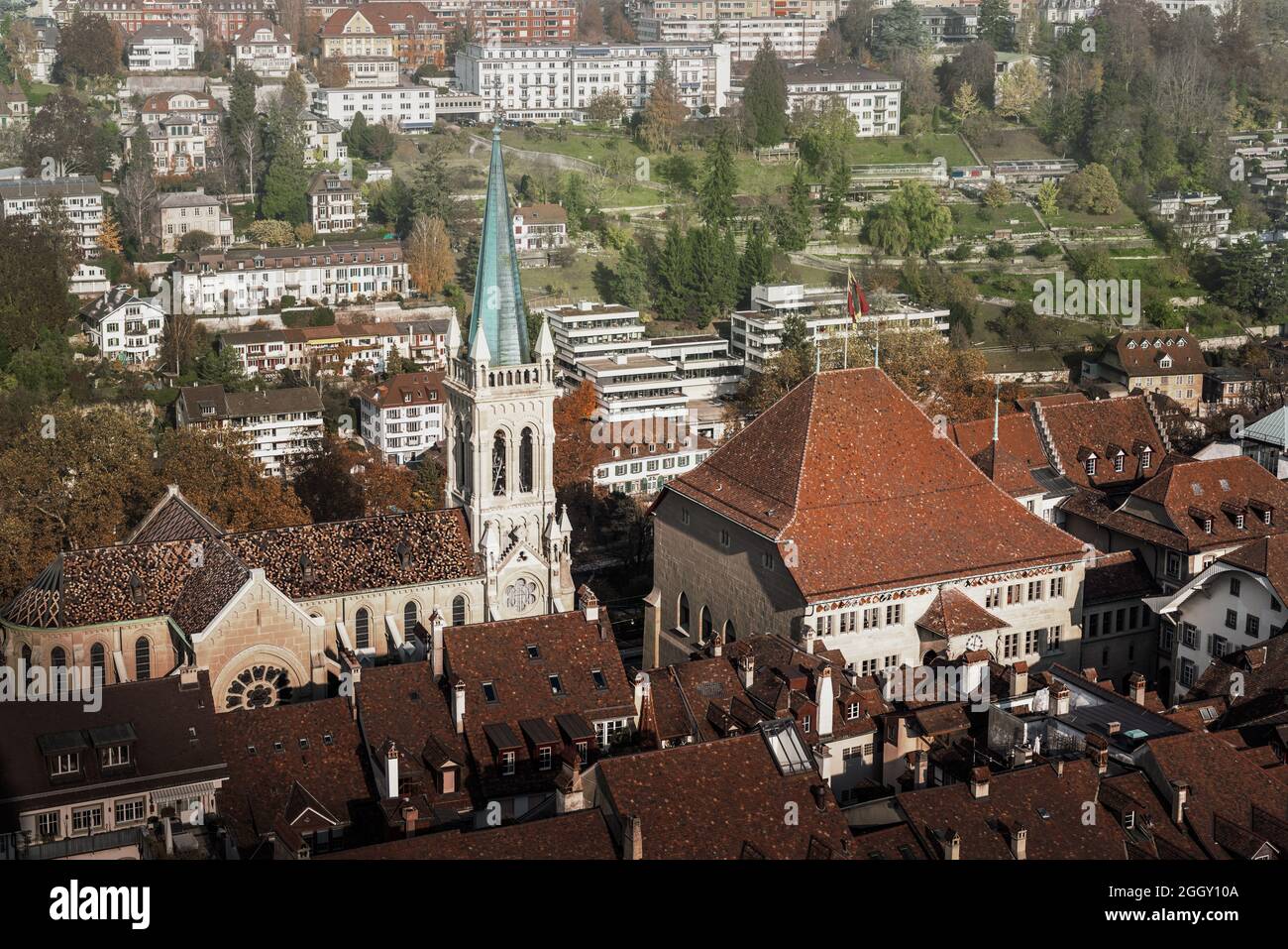 Aerial view of Church of St Peter and Paul and of Bern Town Hall ...