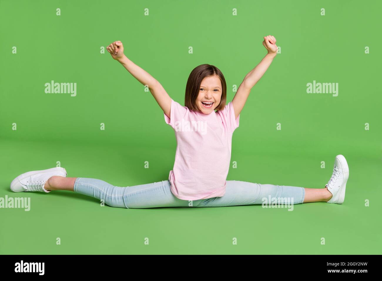 Full body photo of young girl sit floor split stretch happy positive ...