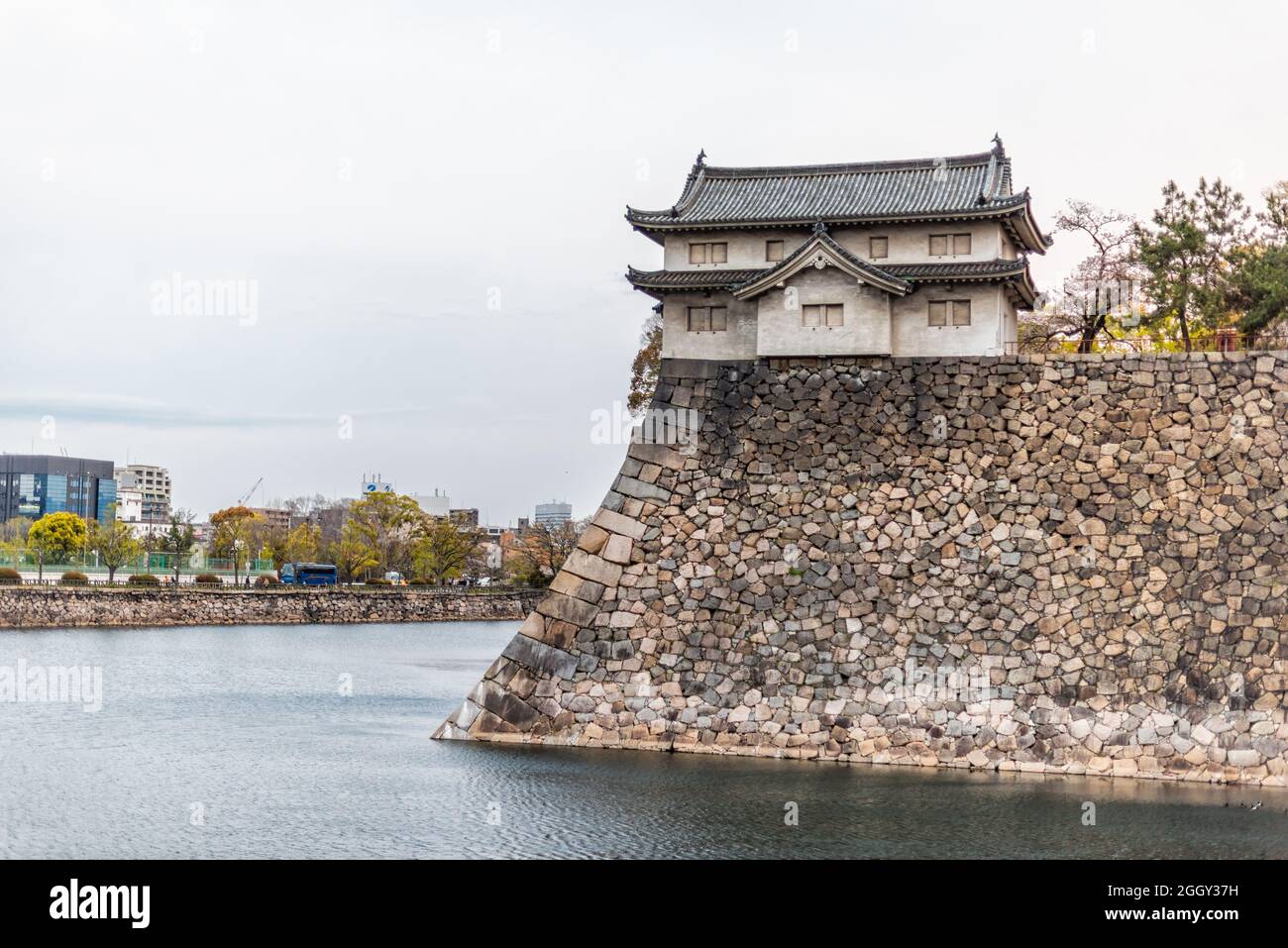 Osaka, Japan - April 13, 2019: Castle pool moat during spring day with ...