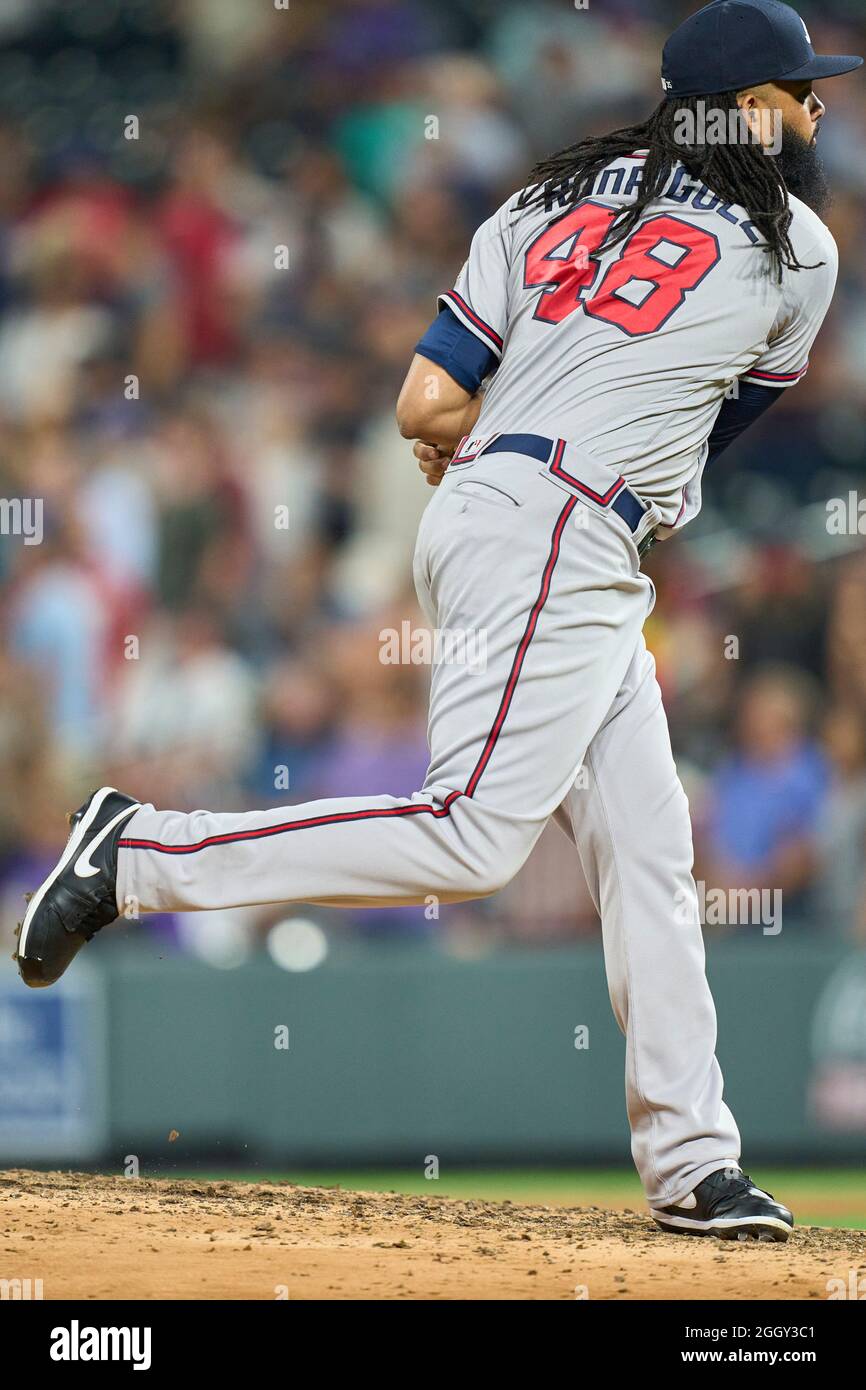 Denver CO, USA. 2nd Sep, 2021. Atlanta pitcher Richard Rodriguez (48 ...