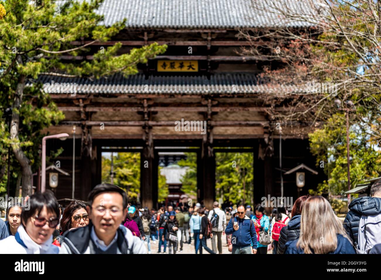 Nara, Japan - April 14, 2019: People crowded many foreigners tourists ...