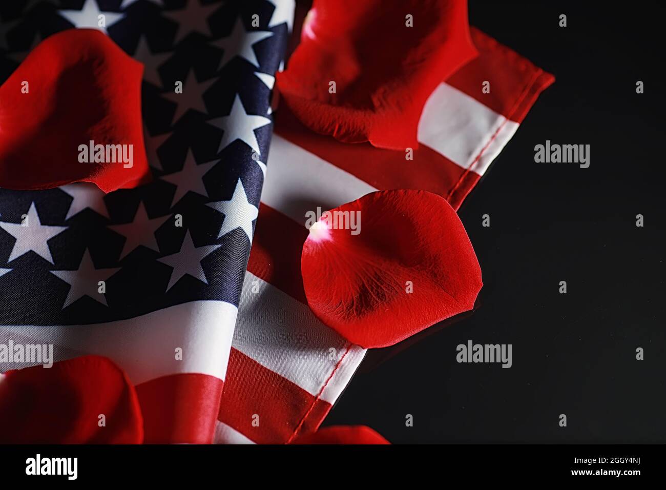 American flag and rose flower on table. Symbol of the United States of ...
