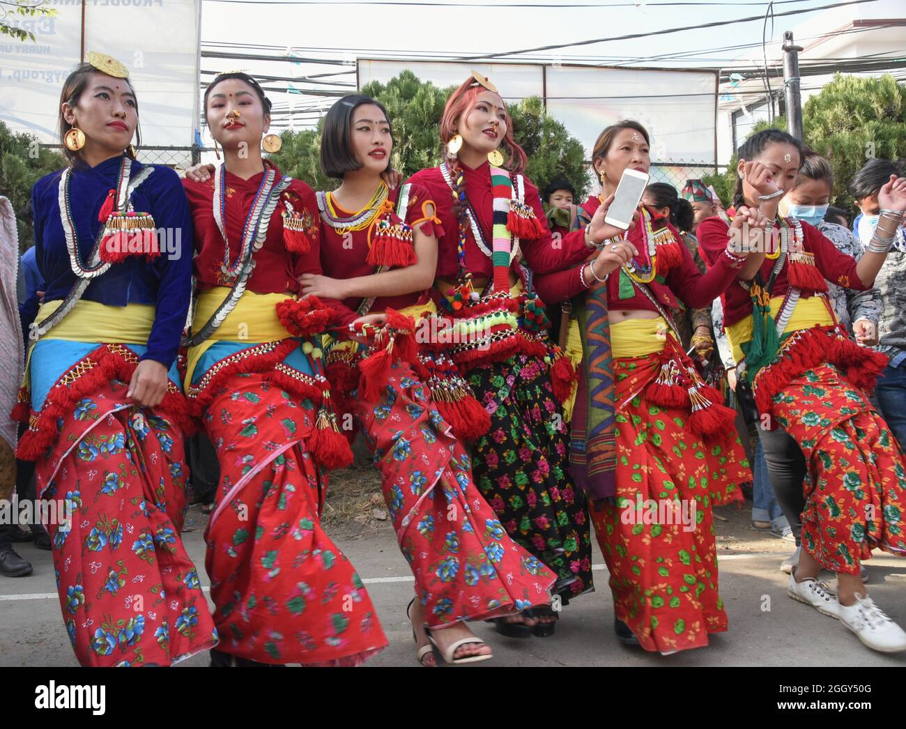 KATHMANDU, NEPAL - Dec 03, 2017: the females dancing with national ...