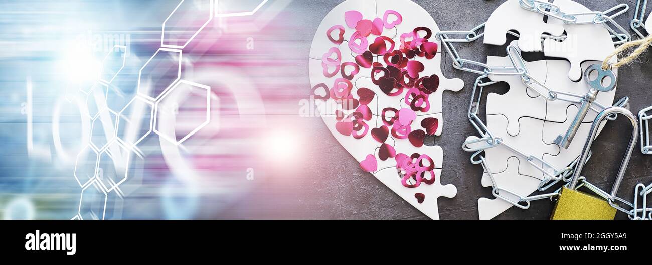 White heart-shaped puzzle. Heart affairs. Undivided love. Broken heart ...