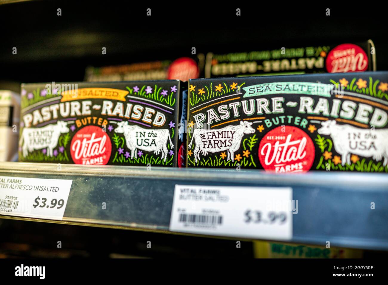 Herndon, USA - March 25, 2021: Closeup of pasture raised grass fed ...