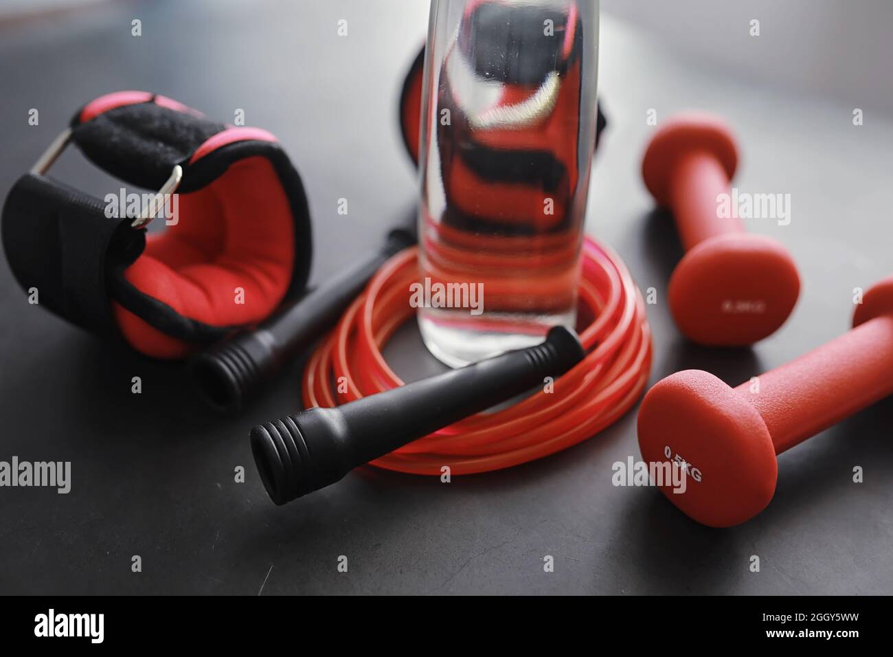 Sport and healthy lifestyle. Accessories for sports. Yoga mat dumbbell ...