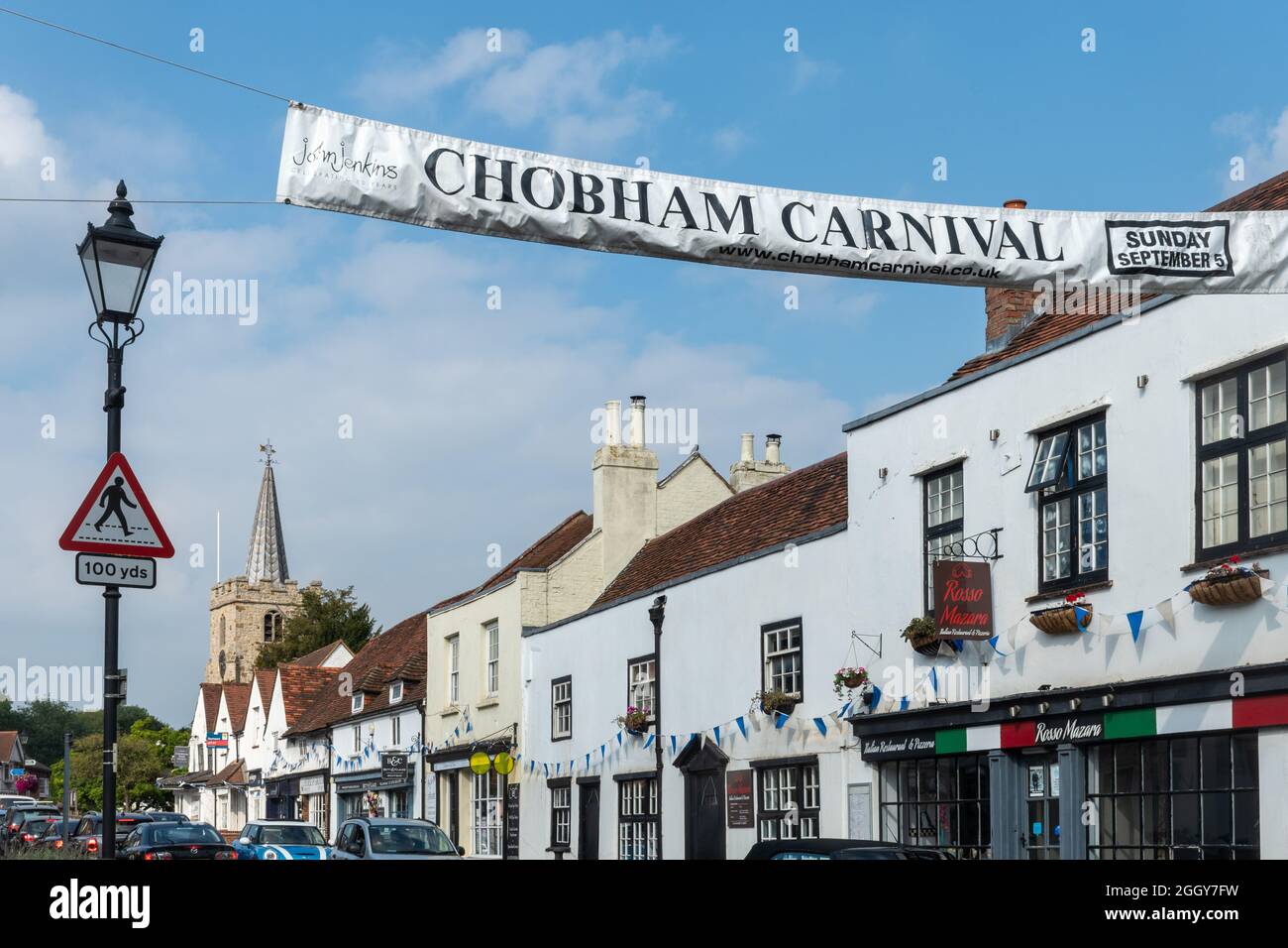 View of the High Street in Chobham village, Surrey, England, UK, with ...