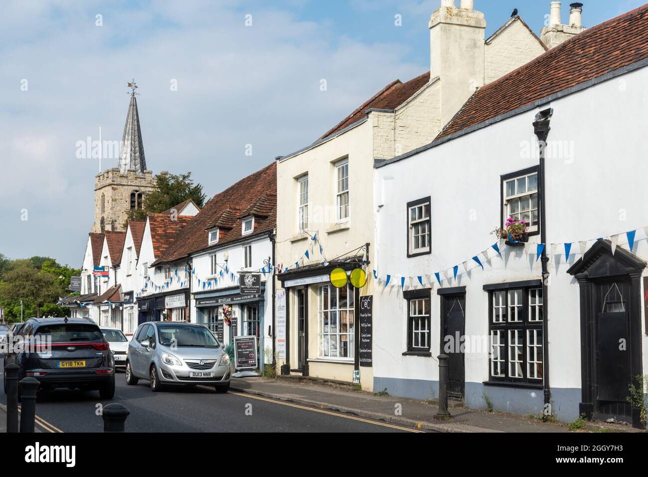 View of the High Street in Chobham village, Surrey, England, UK, with ...