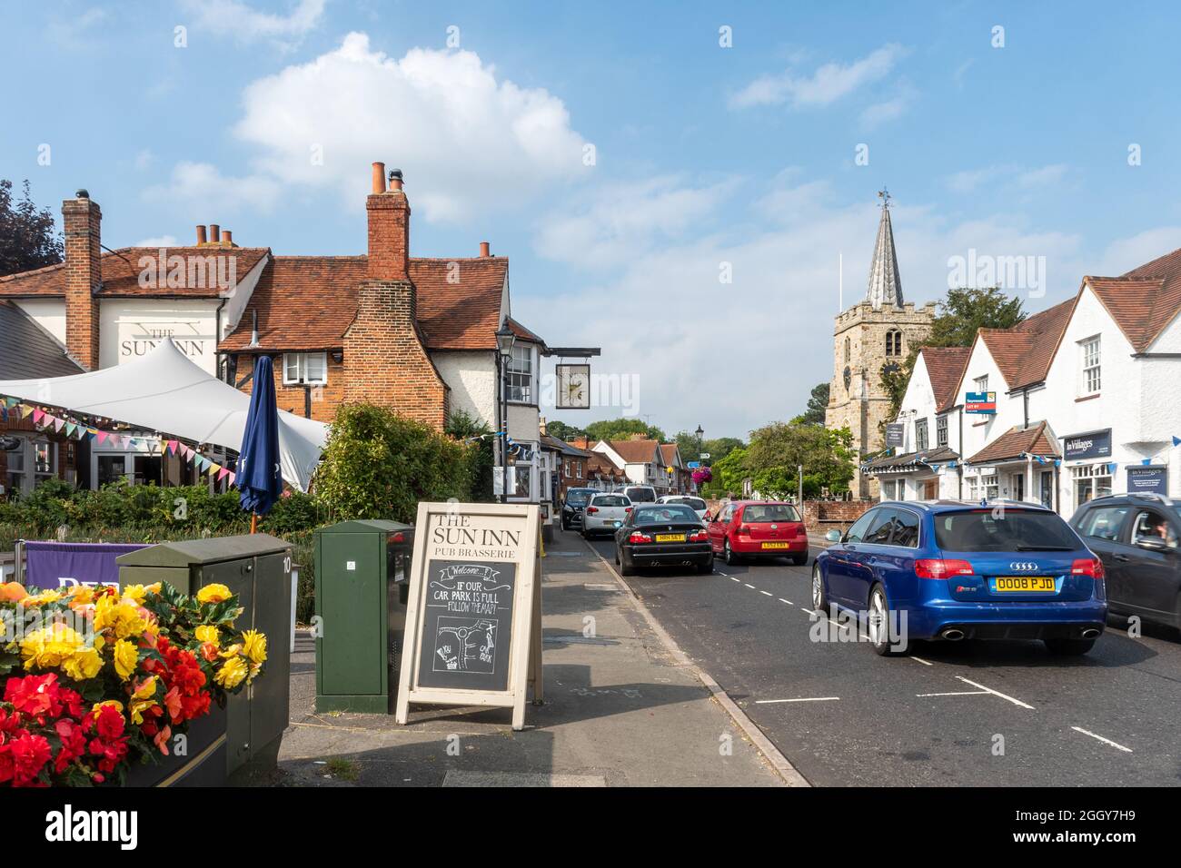 View of the High Street in Chobham village, Surrey, England, UK, with ...