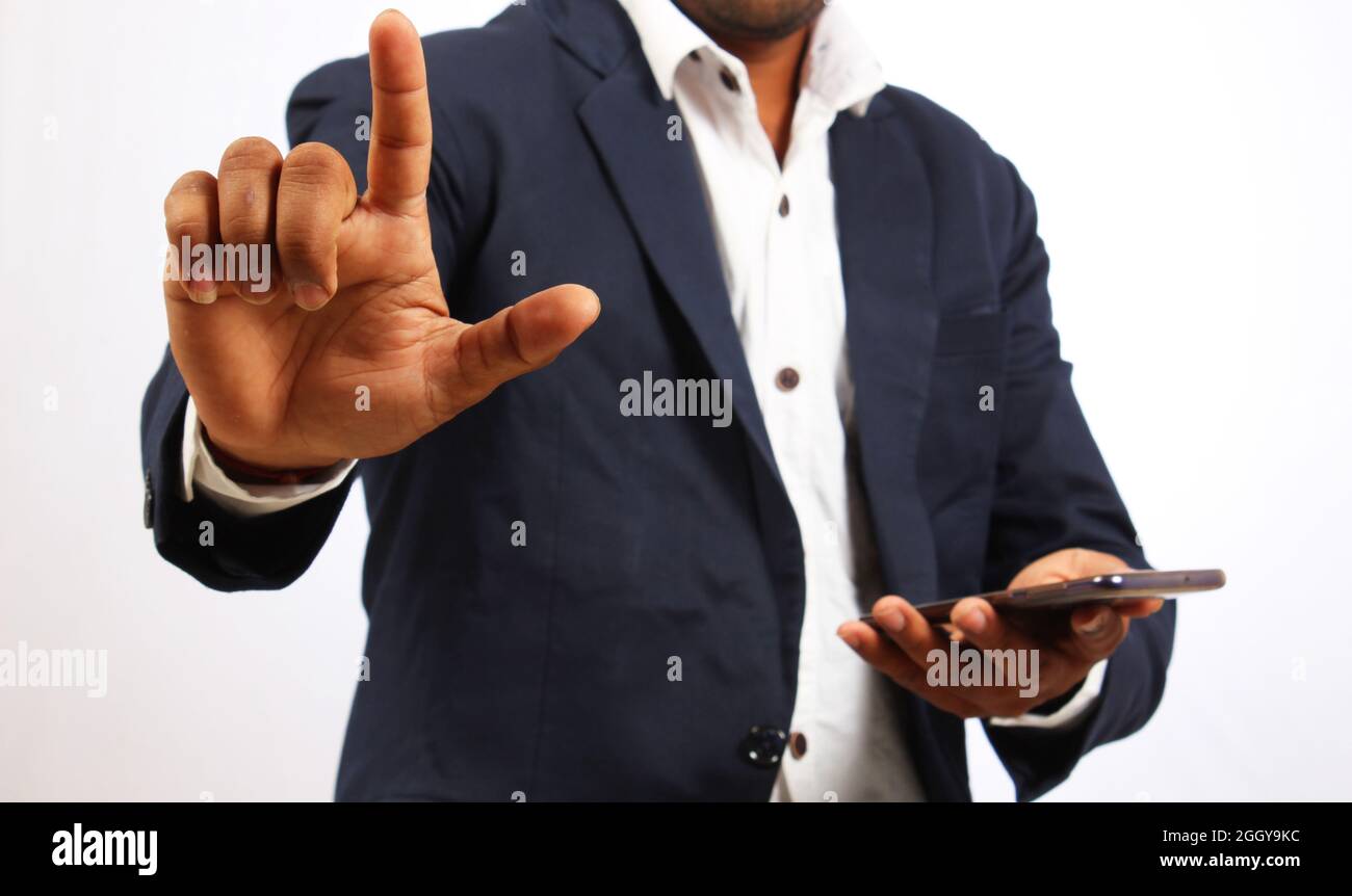 Close up of an Engineer using a smart phone with an isolated white ...