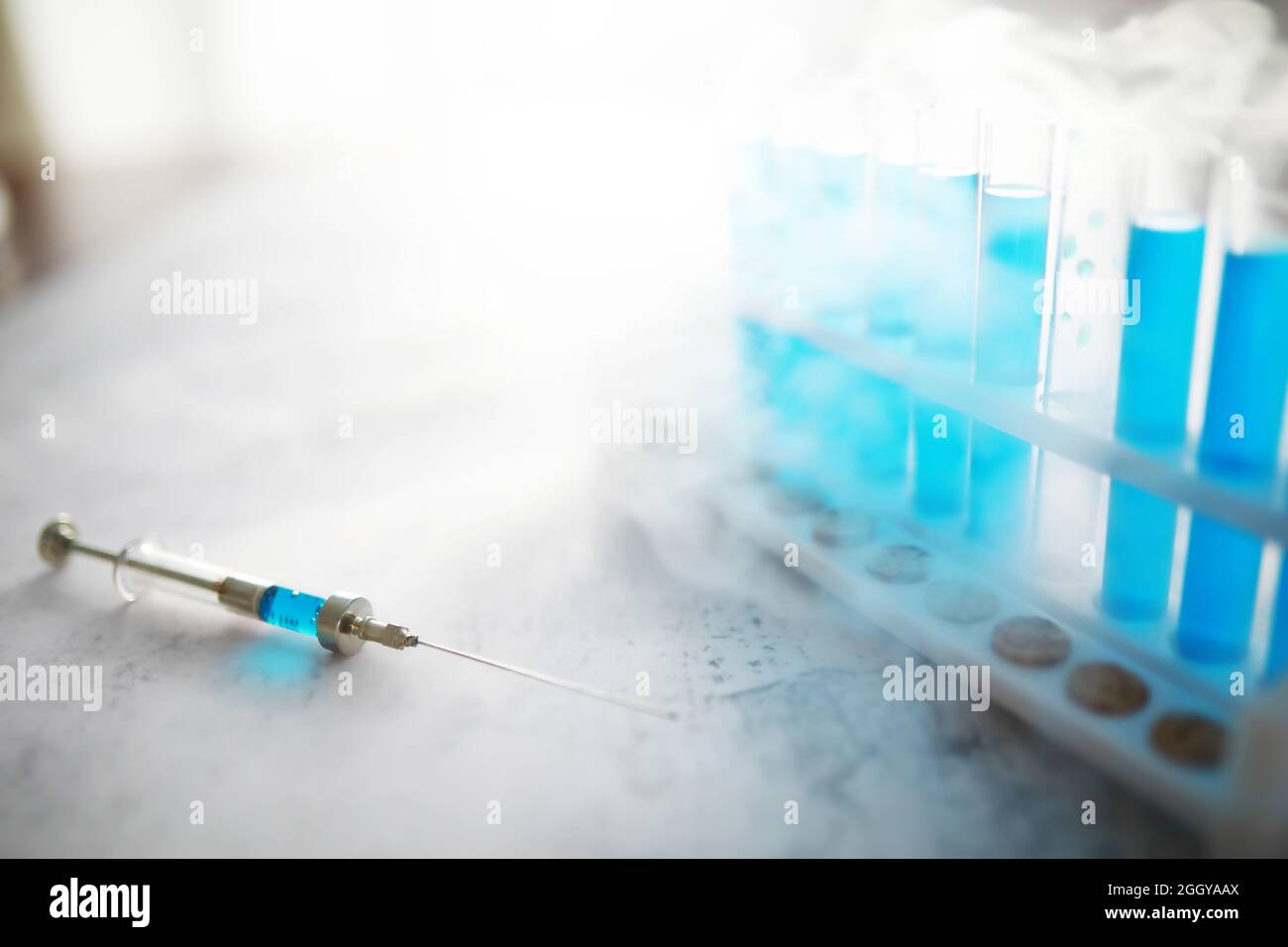 Test tube of glass overflows new liquid solution potassium blue ...