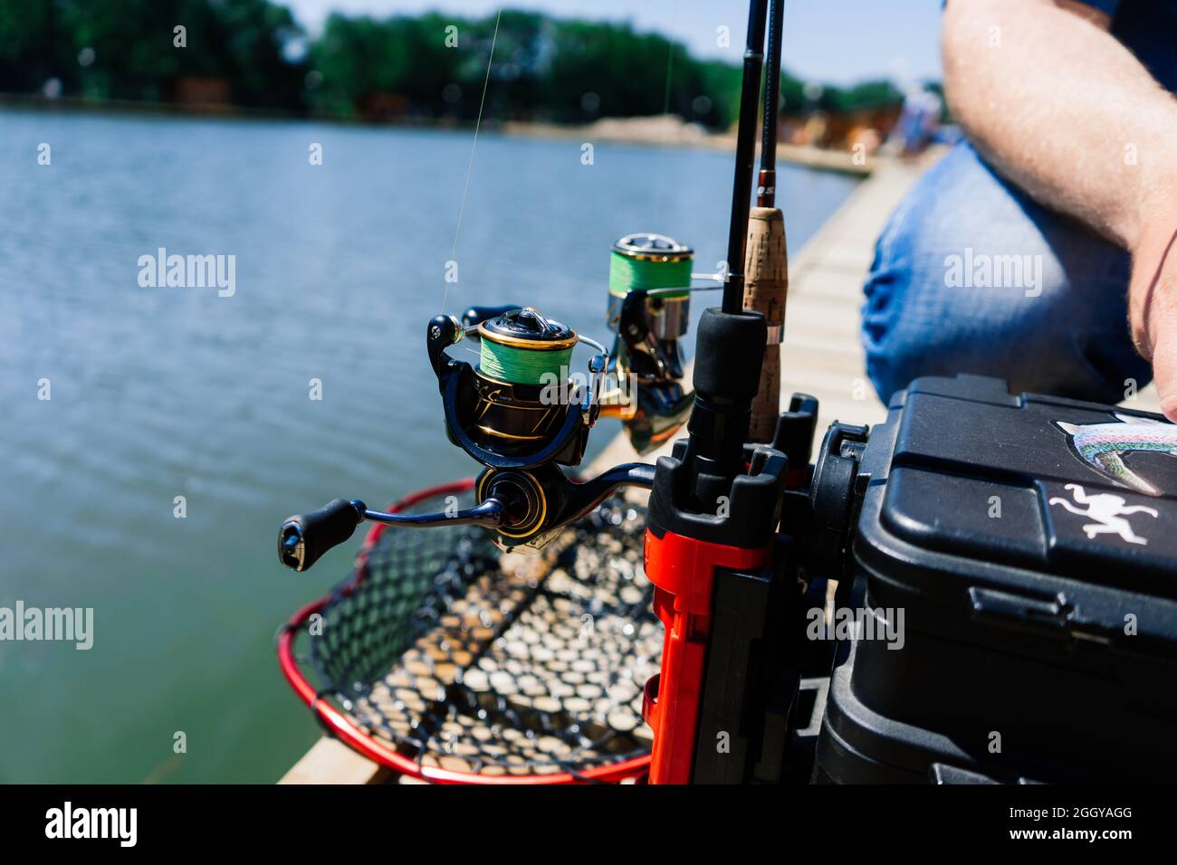 Fishing in lake, nature series, rod fish tackle, tourism Stock Photo ...