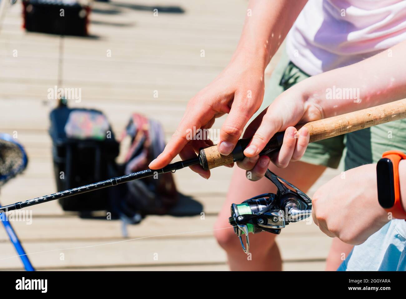 Fishing in lake, nature series, rod fish tackle, tourism Stock Photo ...