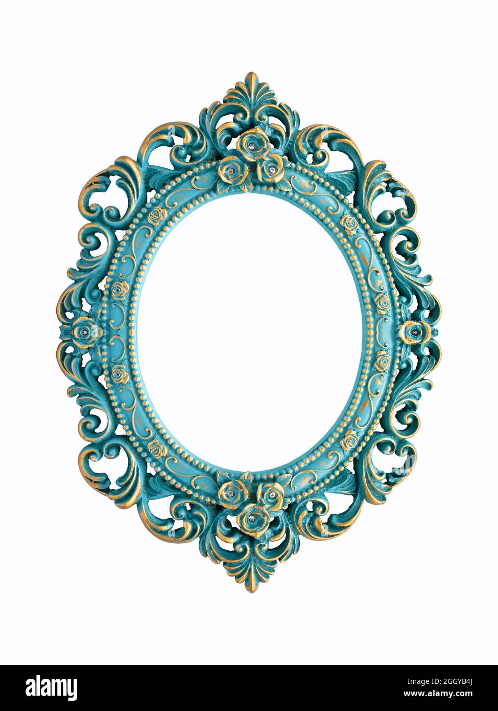 Turquoise and gold gilded carved oval frame, isolated on white ...