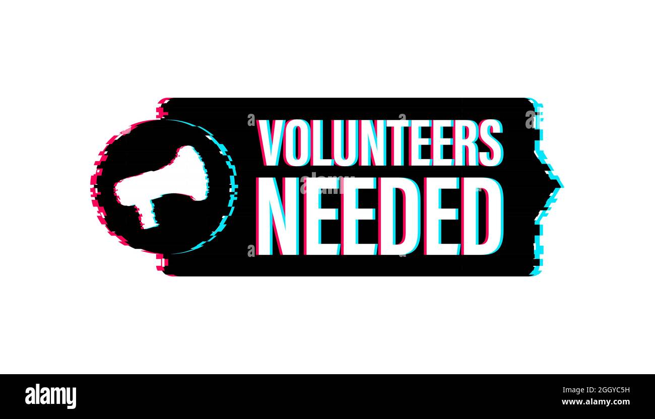 Megaphone label with volunteers needed. Megaphone banner. Glitch icon ...