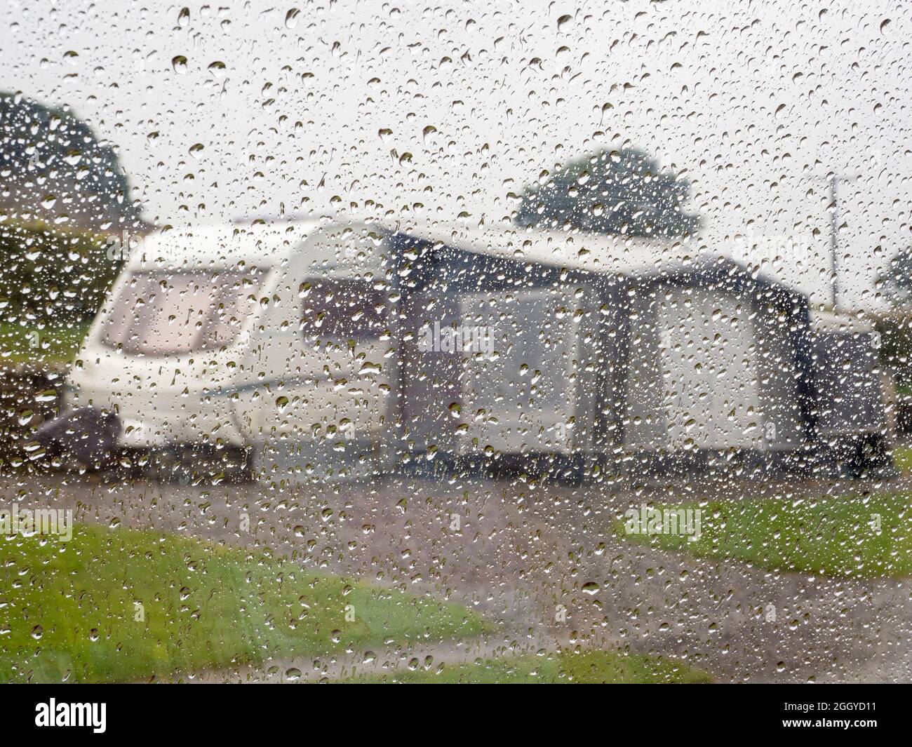 Rain on a caravan window, Austwick, UK Stock Photo - Alamy