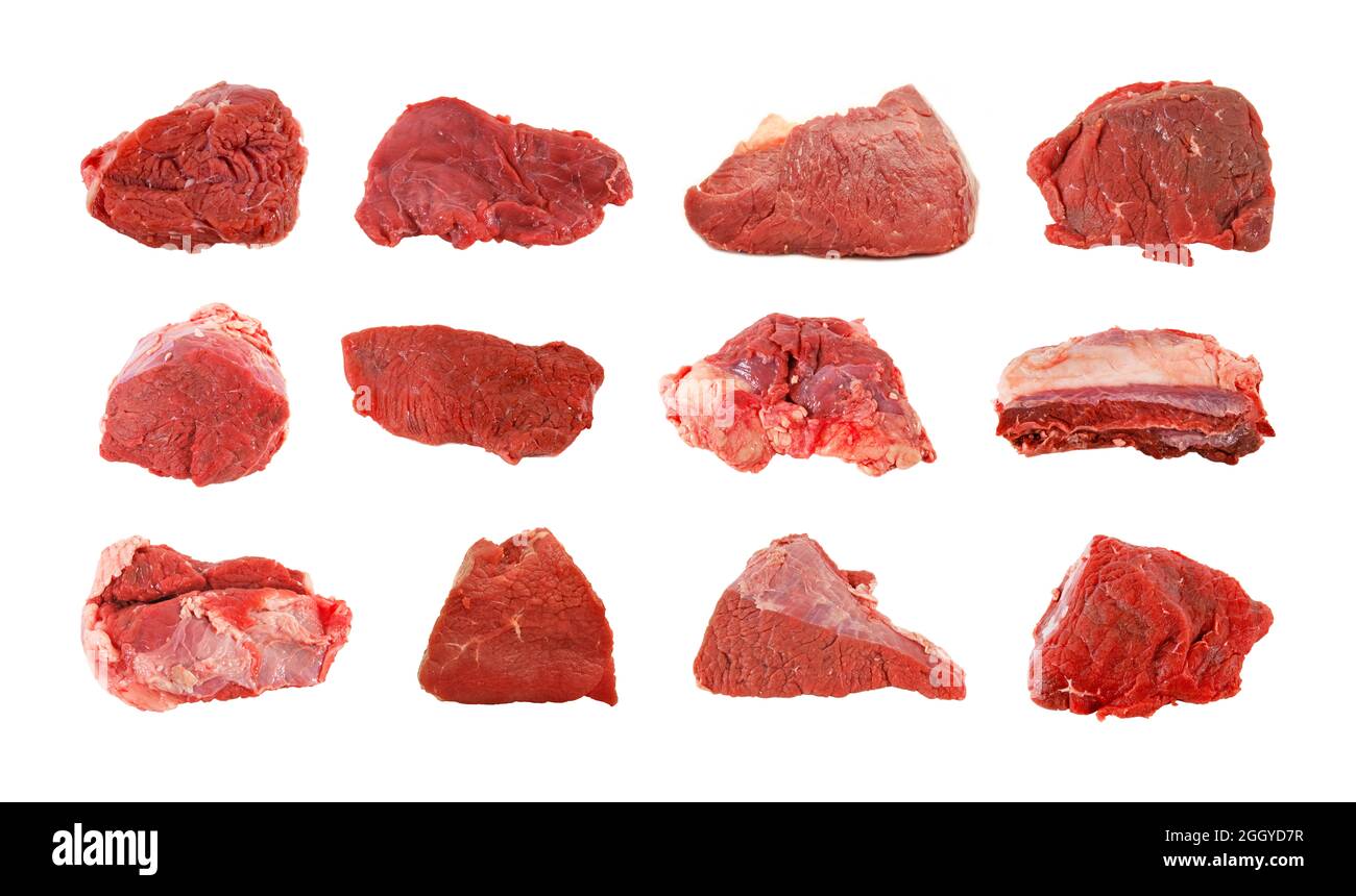 Clean very fresh pieces of red raw meat beef, isolated on white ...