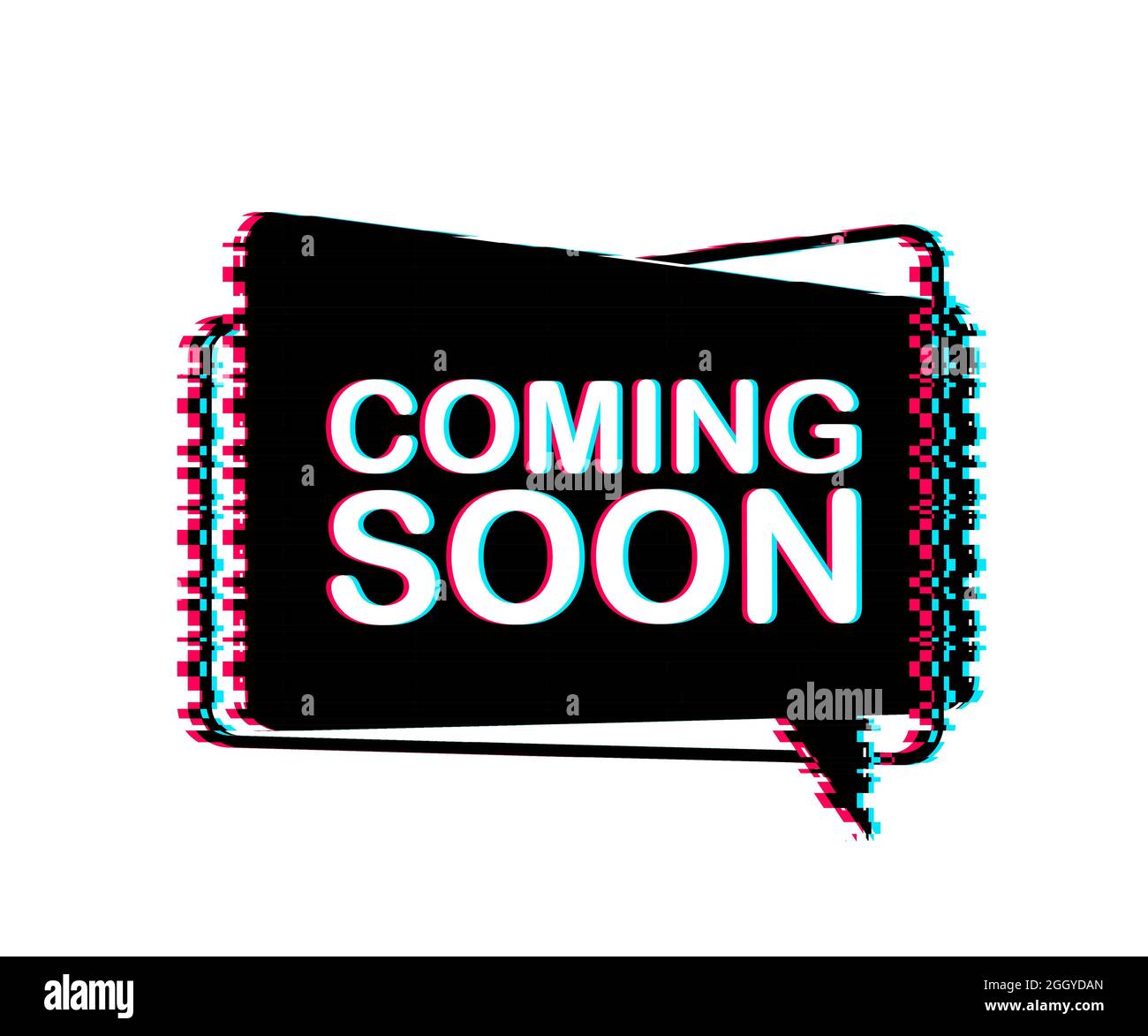 Coming soon written on speech bubble. Advertising sign. Glitch icon ...
