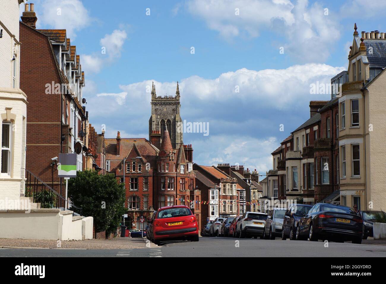 A street scene in Cromer with the church tower in the distance Stock ...