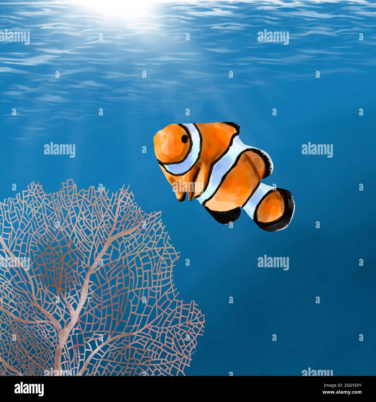 Watercolor Clown Fish On The Background Of The Sea And Coral Stock